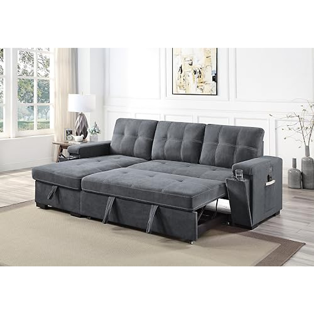 Lilola Home Toby Gray Woven Fabric Reversible Sleeper Sectional Sofa with Storage Chaise Cup Holder USB/USB-C Ports and Pockets