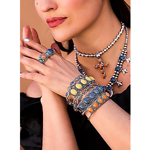 American West Jewelry Sterling Silver Women's Cuff Bracelet Yellow Jasper Gemstone 5-Stone Design Size Large