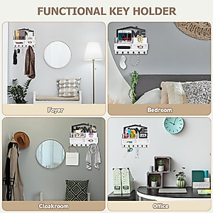 VIS'V Key Holder Wall Mount, White Wooden Key Mail Holder Wall Decorative Key Rack Organizer with Shelf Mail Storage Basket with 6 Key Hooks 2 Compartments for Entryway Doorway Hallway