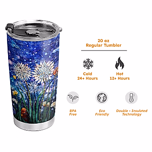 ORCAE 20oz Beautiful Colorful Daisy Flower, Stained Glass Style Flowers, Colorful Dandelion Flower Tumbler Cup, Insulated Travel Mug with Lid, Coffee Thermos for Men, Women, Gifts for Women - AC