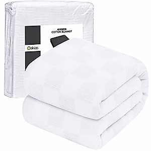 Oakias Summer Cotton Blanket Queen White – Lightweight Thermal Blanket – 350 GSM – 90 x 90 Inches – Ideal for All Seasons – Perfect for Covering Any Bed