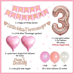 JOYMEMO 3rd Birthday Decorations for Girls Pink and Rose Gold Happy Birthday Banner Cake Topper, Little Miss Threenager Garland, Rose Gold Large Number 3 Foil Balloon and Pink Heart Balloons