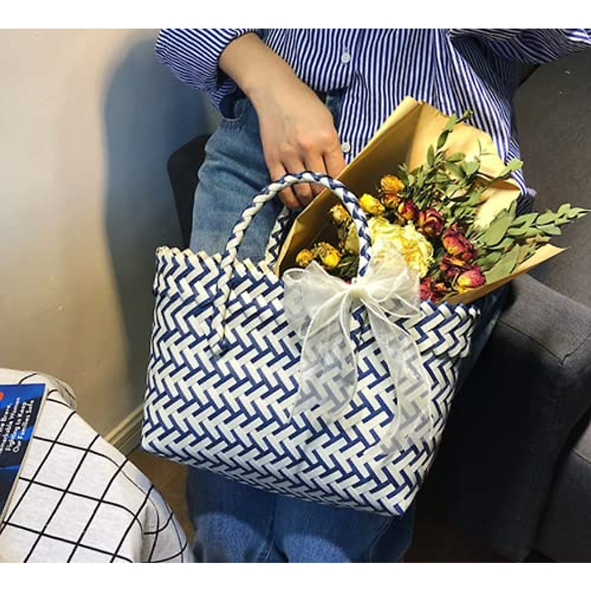 Goodly Beach Bag/Handmade Woven Market Tote Bag/Woven Versatile Large Top Handle Bag(Blue)