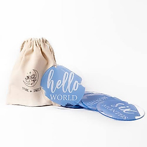 Stork+Sweet Monthly Baby Milestone Cards, Cute Acrylic Cards for Shower Gifts, 13 4in Discs + Canvas Bag, Newborn Gift Set Boys & Girls, Milestone, Blue, 1