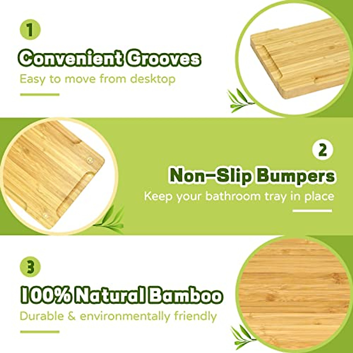 Natural Bamboo Vanity Tray, KMOTASUO Slip-Resistant Bathroom Counter Tray Toilet Tank Tray, Bamboo Tray for Bathroom Storage Tissue Soap Towel Toiletries,12.6 x 7 x 0.8 inches