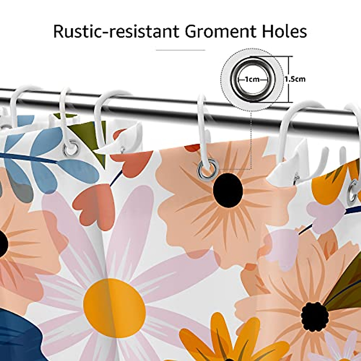 VEGA U Floral Fabric Shower Curtain for Bathroom, Botanical Flower Bath Decor with Hooks, Hotel Quality, 72x72 Inch