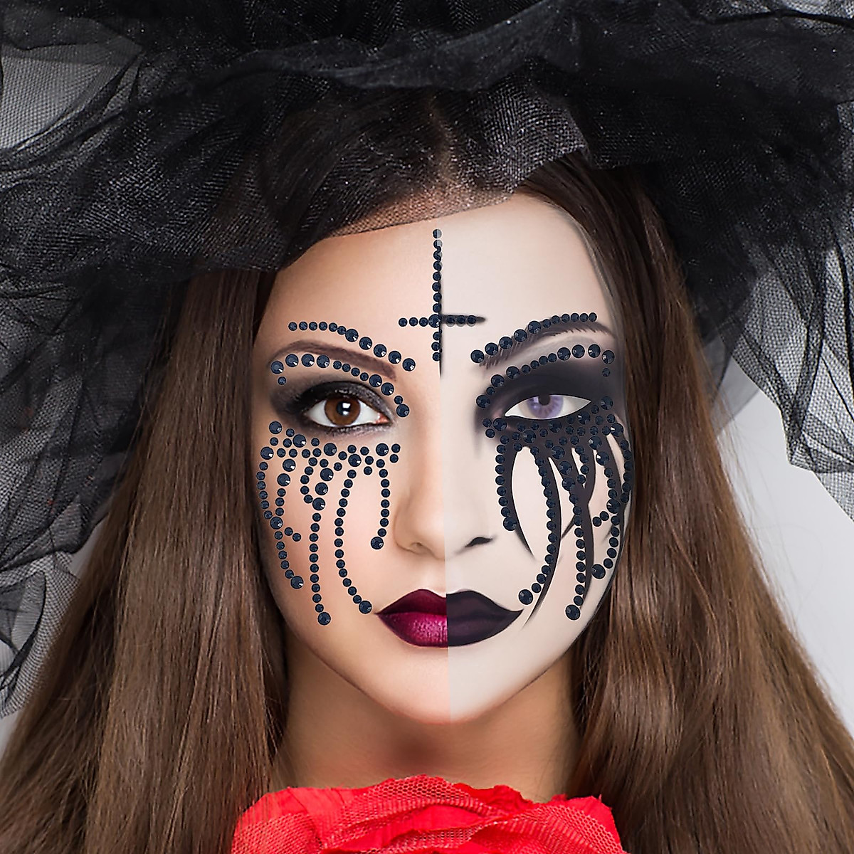 2 Pack Day Of The Dead Skull Temporary Rhinestone Temporary Face Tattoo,Face Stickers Gems Jewels for Halloween Festival Rave Party Outfit