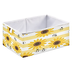 ALAZA Collapsible Storage Cubes Organizer,Sunflower Bee Cartoons White Yellow Stripe Storage Containers Closet Shelf Organizer with Handles for Home Office