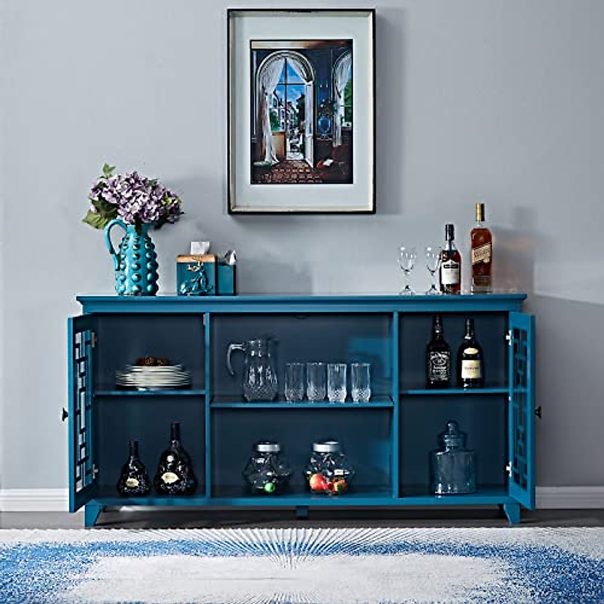 KIVENJAJA Buffet Cabinet with Storage, 60” Sideboard with 2 Glass Doors and Adjustable Shelves, Coffee Bar Table Credenza for Kitchen, Dining Room, Entryway, Living Room (Teal Blue)