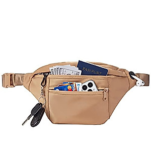 Telena Crossbody Fanny Pack for Women Men Fashion Waist Pack Belt Bag with 4-Zipper Pockets for Hiking Running Travel, Light Brown