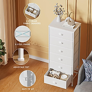 Furnulem White Tall Dresser for Bedroom,Vertical Storage Tower Unit and End Table with 6 Drawers, Nightstand Furniture with Fabric Drawer Organizer in Living Room,Closet,Entryway,Hallyway