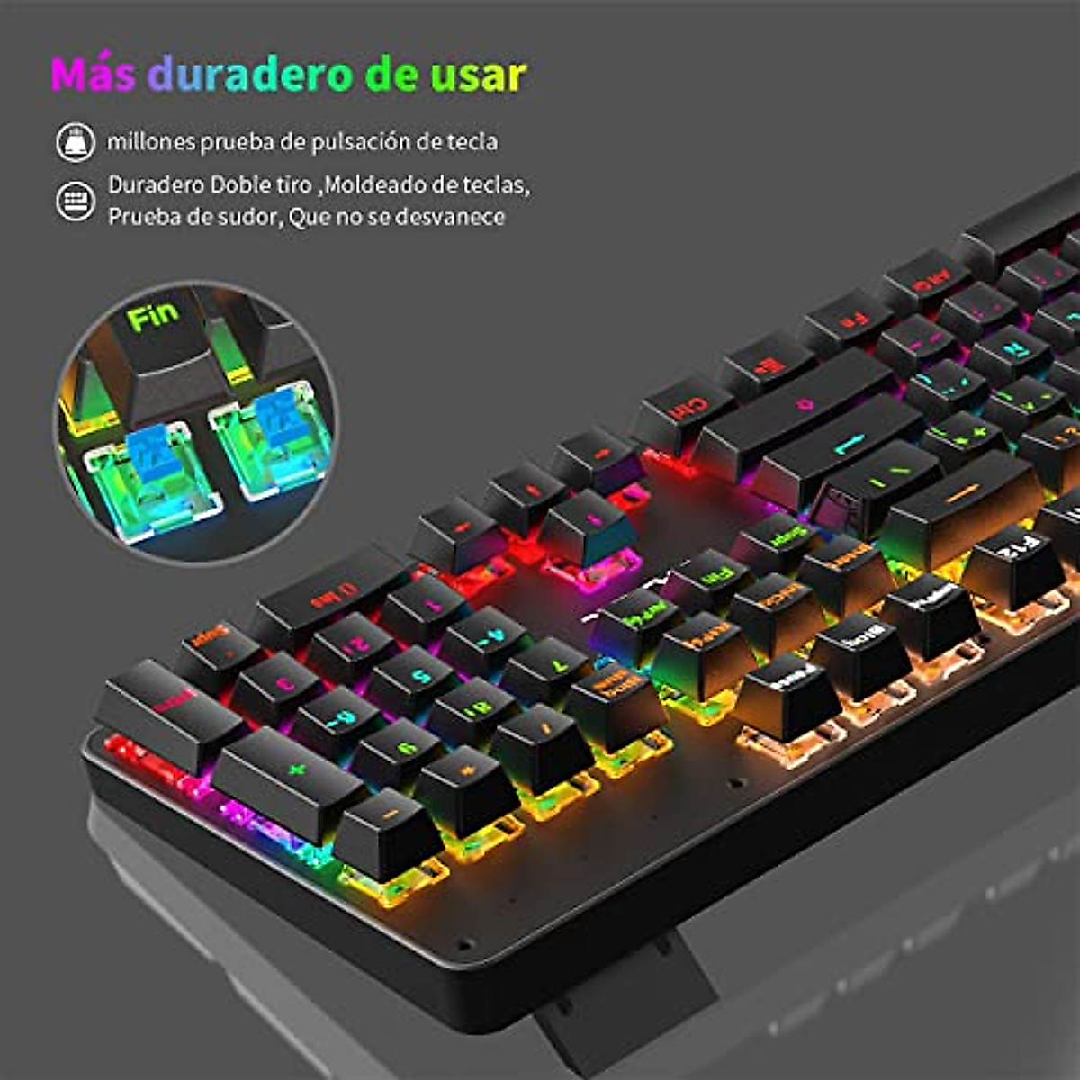 eboxer-1 Gaming Keyboard, USB Wired Keyboard with RGB Rainbow Backlit, 104 Keys Spanish Keyboard with Ñ and Blue Switch, Mechanical Keyboard for Desktop Notebook