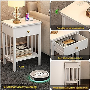 Hoiplu White Nightstand with Charging Station Set of 2, Bamboo Night Stand Bedside Table with 2 USB Port and Outlet, Real Wood End Table Farmhouse Side Table with Drawer for Bedroom, Living Room