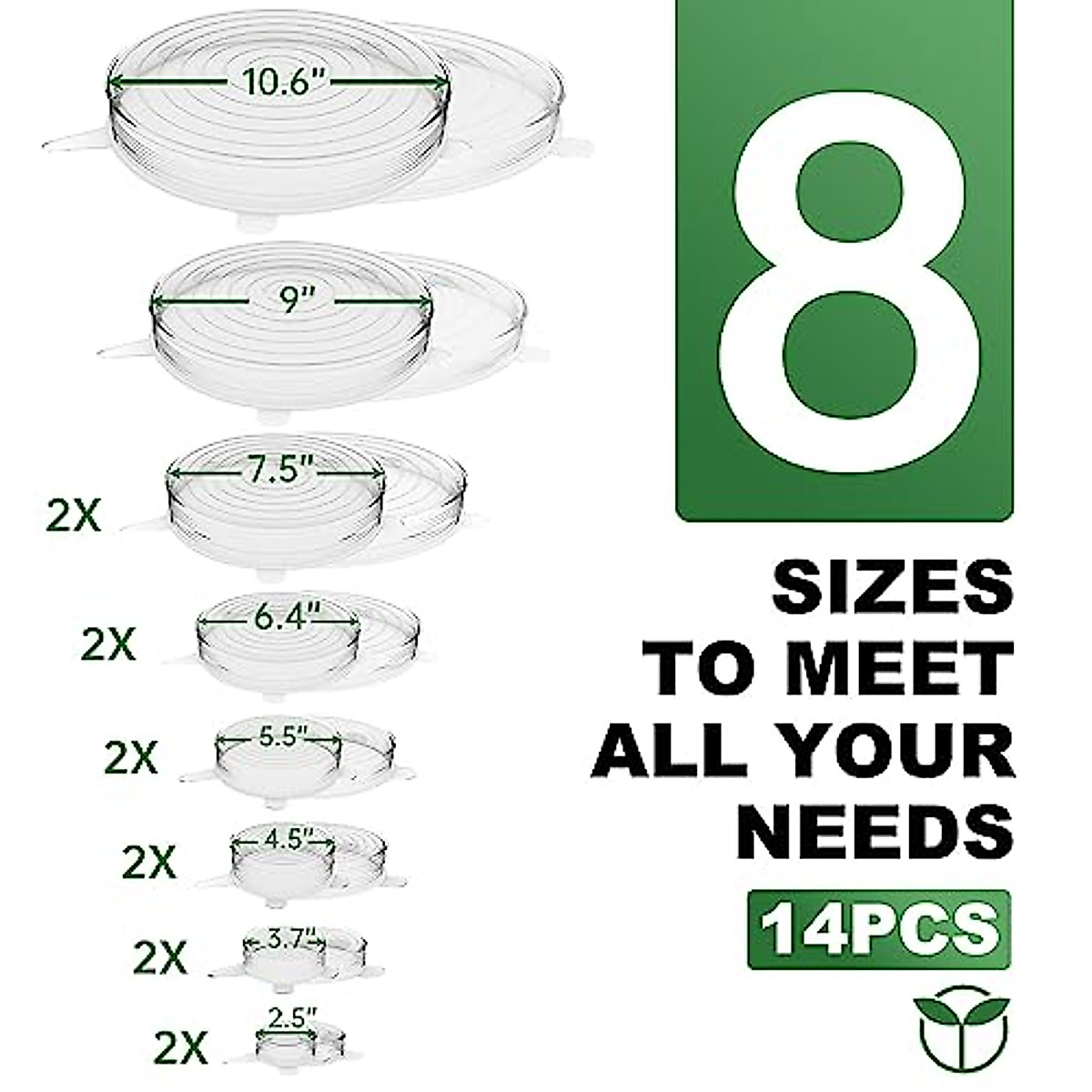 14 Pack Silicone Stretch Lids, 8 Different Sizes Leak-Proof Reusable Stretch Lids Include XXXL Diameter of 10.6” Food Storage Covers for 2.6”-13” Container, Microwave & Dishwasher & Refrigerator Safe