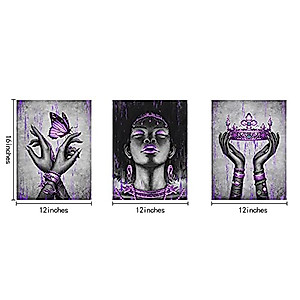 Kalormore Fashion African American Woman Painting Giclee Canvas Prints Elegant Black Girl with Purple Accessories Picture Poster Gallery Wrapped Artwork for Bedroom Makeup Room Decoration