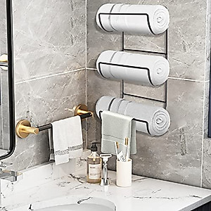 2 Pack Metal Towel Rack Wall Mounted with 3 Compartments, SMFANLIN Anti-Rust Towel/Wine Shelf Holder Organizer Storage with Screw Set for Washcloths, Hand Towel, Ideal for Bathroom, Spa, Salon (Black)