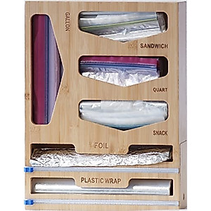 Foil And Plastic Wrap Organizer With Cutter & Ziplock Bag Storage, Baggie Food Holders For Sandwich, Snack Gallon, Quart Bag, Bamboo Aluminum Dispenser Labels, 43*33*7