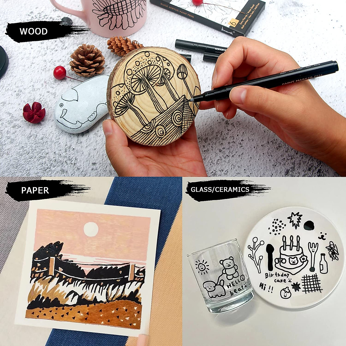 Black Acrylic Paint Pens - Black Paint Pens for Rock Painting, Stone, Ceramic, Glass, Wood, Fabric, Metal, Canvas. Set of 6 Water Based Black Markers for Acrylic Painting Extra Fine Point Tip