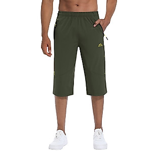 MAGCOMSEN Mens 3/4 Capri Pants Outdoor Quick Dry Knee Length Gym Drawstring Training Workout Running Shorts Army Green, 40