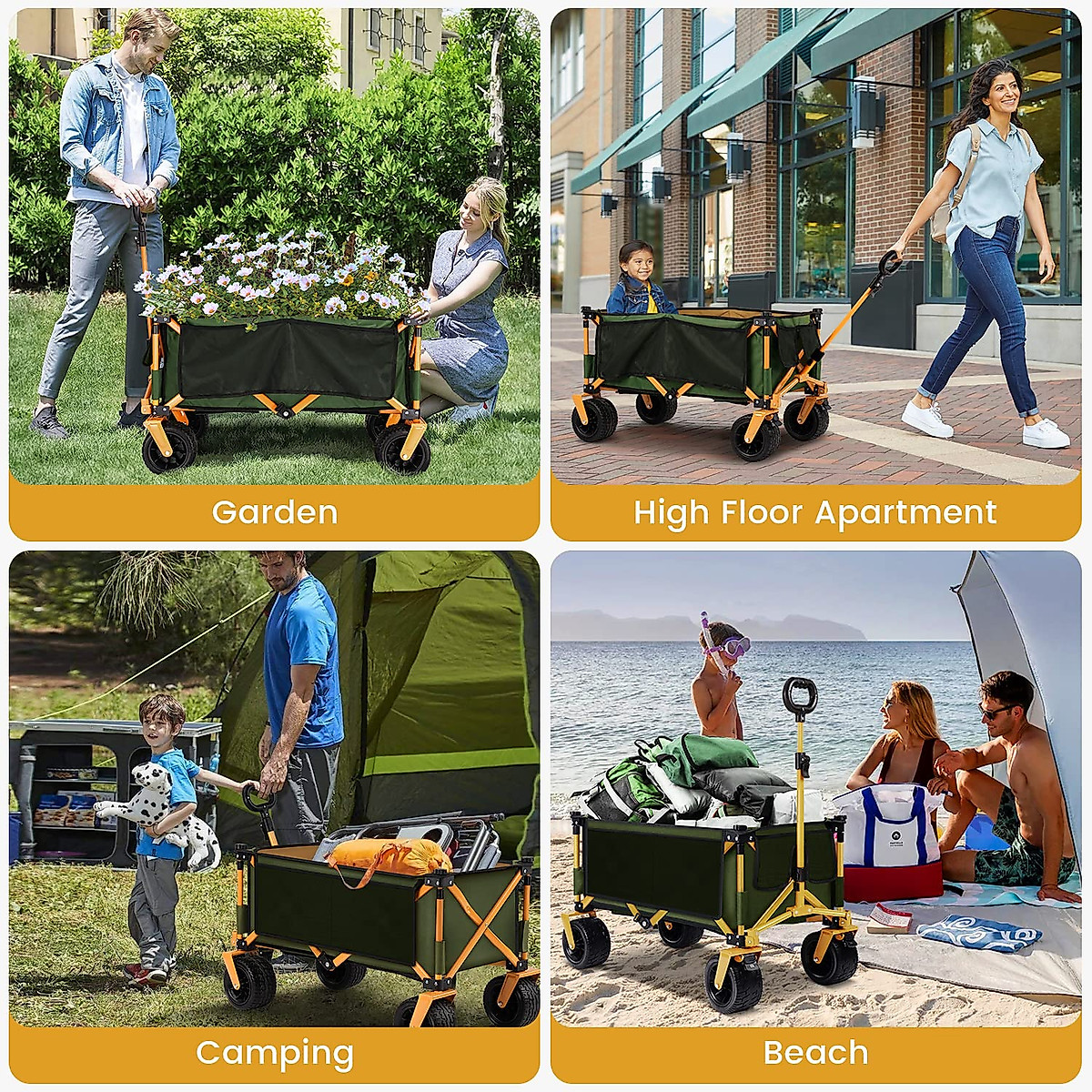 Calanofin Collapsible Folding Wagon Cart Utility 180L Portable Heavy Duty Garden Cart with All-Terrain Beach Wagon with Big Wheels for Sand, Side Pockets & Drink Holders for Shopping Camping Outdoors