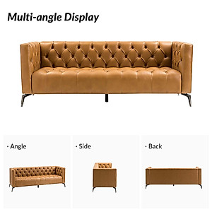 HULALA HOME 85" W Genuine Leather Sofa Couch with Metal Legs, Button-Tufted 3-Seater Sofa with Square Arms, Mid Century Modern Upholstered Couch for Living Room, Bedroom, Apartment, Camel
