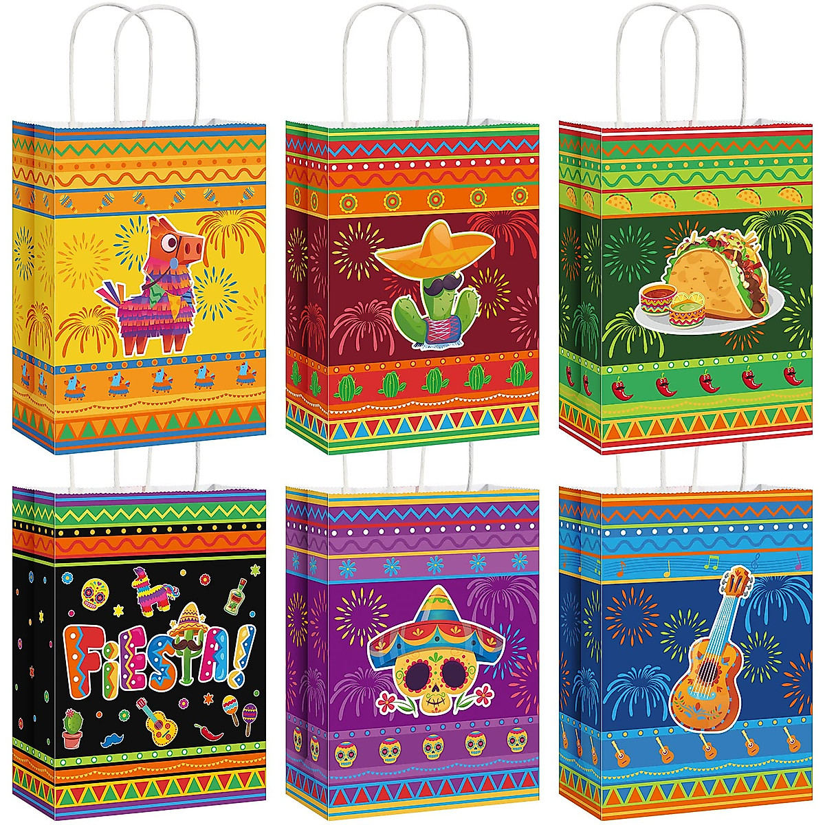Pajean 18 Packs Fiesta Party Favor Bags with Handles, Cinco De Mayo Candy Bags Mexican Themed Paper Gifts Bags for Birthday Baby Shower Bridal Mexico Party Favor Supplies