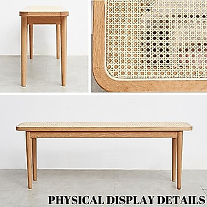 Grewood Wood Dining Bench,100% Natural Solid Oak Bed Bench with Rattan Design, Rounded Edge, Bench for Entryway Hall, Dining Room,Bedroom, Living Room (Natural Color, 31.49 inch)