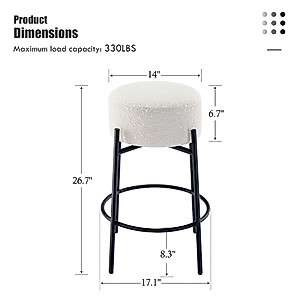 Flouki Swivel Bar Stools Counter Height, Modern Backless Stools for Kitchen Counter, Boucle Fabric Island Chairs with 6.7'' Thick Cushion and Metal Base, 26 inches H, Set of 2, White