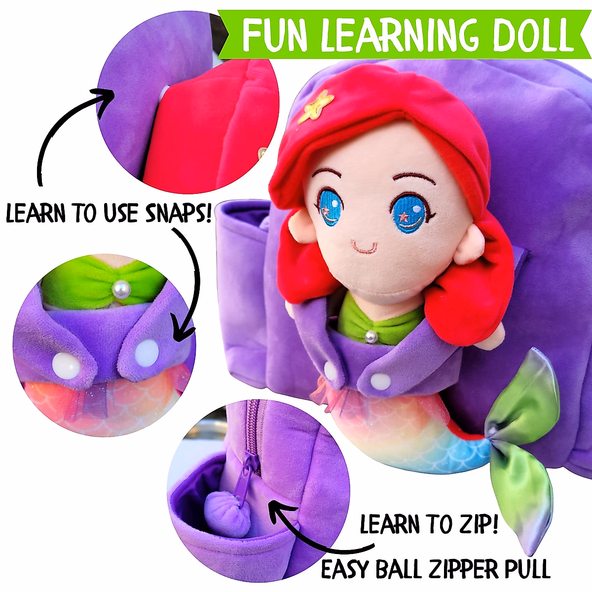 Q&M Novelties Mermaid Backpack & Bottle -11.5” Roomy Preschool Kids Backpack, Toddler Mermaid Toys, Stuffed Plush Mermaid Doll Toy, Mermaid Gifts for Girls Age 3, 4, 5, 6 (Mermaid Plush - Purple)