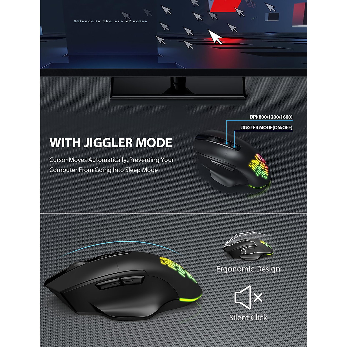 Wireless Keyboard and Mouse with 9 Colored Backlit, Wrist Rest, Jiggler Mouse, Rechargeable Silent Ergonomic Light Up Keyboard Mouse Combo with Phone Holder for Windows, Mac, PC, Laptop