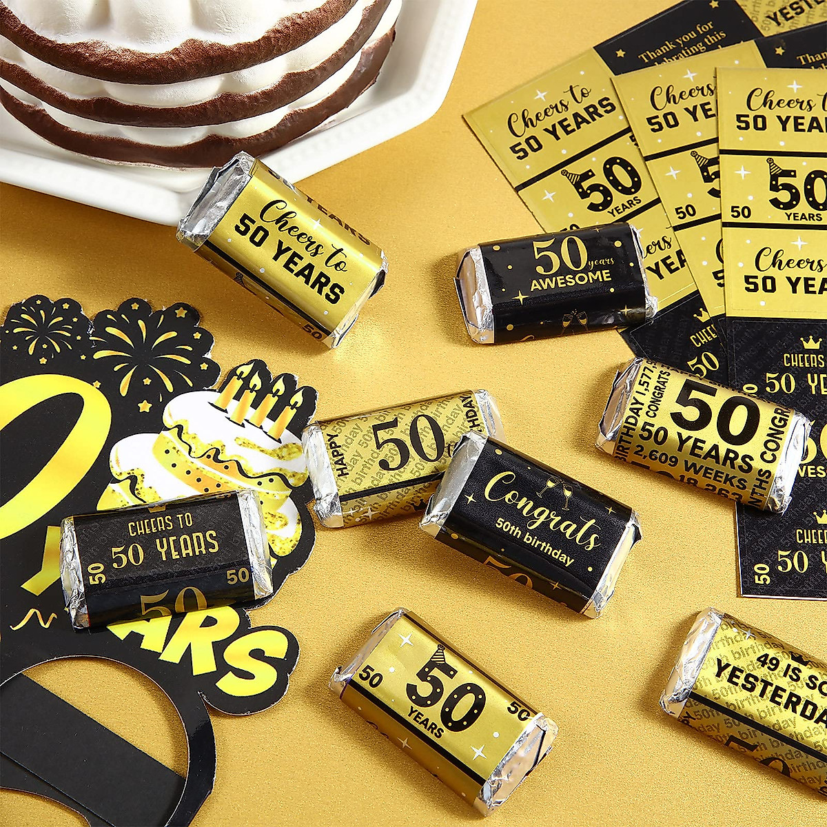 Tenare 90 Pcs 50th Birthday Candy Bar Wrappers Black and Gold Stickers Chocolate Decoration Label Mini Candy Label Stickers for Anniversary Birthday Party Supplies