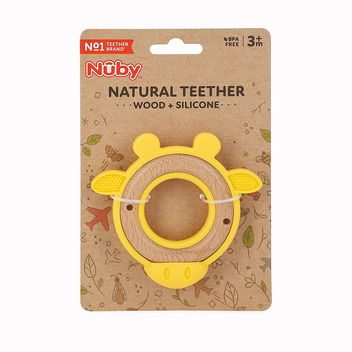 Nuby Natural Wood Teether with Soft Silicone, Minimalist Design Easy to Clean, Giraffe Yellow
