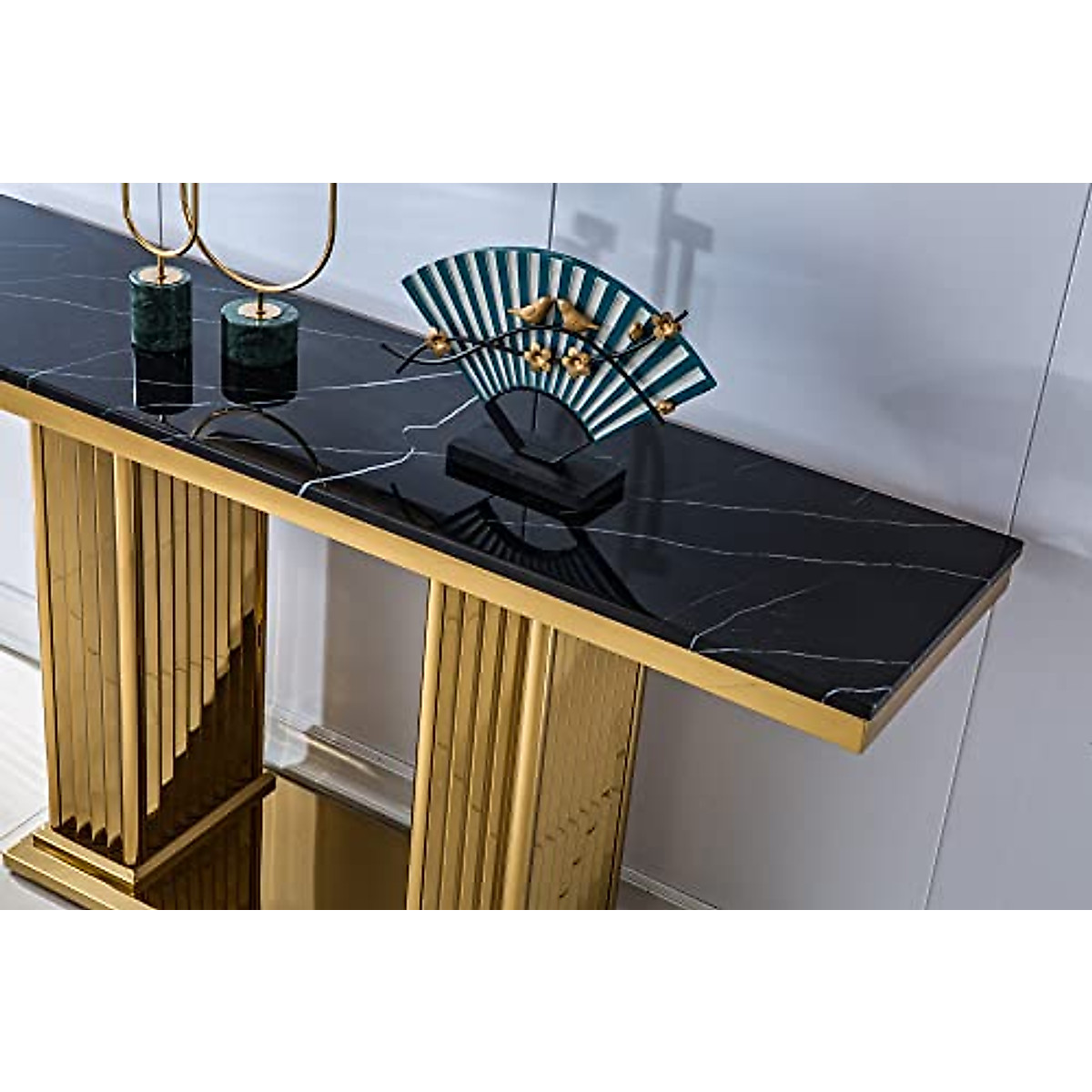 SSLine Real Marble Console Table,Modern Rectangular Luxury Marble Entryway Sofa Table Accent Table with 0.71" Thick Marble Top and Golden Double Pedestal Pillar Stainless Steel Base for Hallway