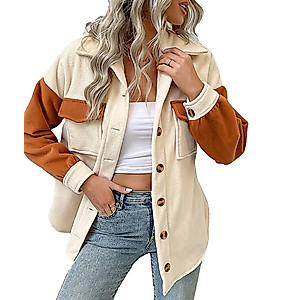 SOMTHRON Women's Fleece Cardigan Long Sleeve Shacket Sherpa Shirt Jacket Patchwork Button Down Lapel Collar Blouses Tops AP-L