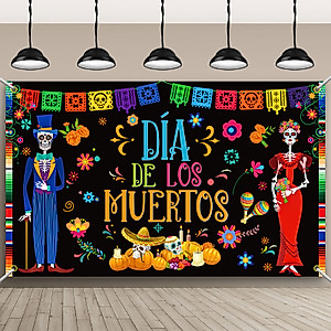 5.9 x 3.6 Feet Day of the Dead Banner Backdrop Fabric Dia De Los Muertos Decor with Mexican Fiesta Sugar Skull and Colorful Flowers Patterns and 19.7 Feet Rope for Halloween Birthday Party Decorations