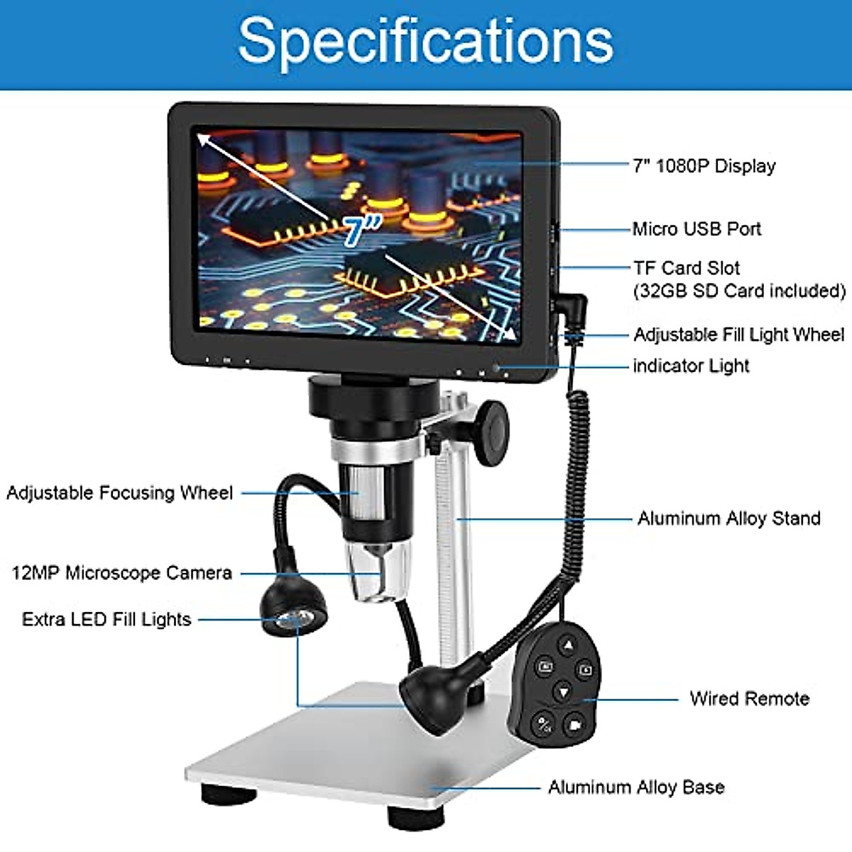 7" LCD Digital Microscope 1200x, 1080P FHD Video Microscope with PC View, USB Coin Microscope with Wired Remote,10 LED Lights, 32GB SD Card, 12MP Camera Microscopes for Kids/Adults