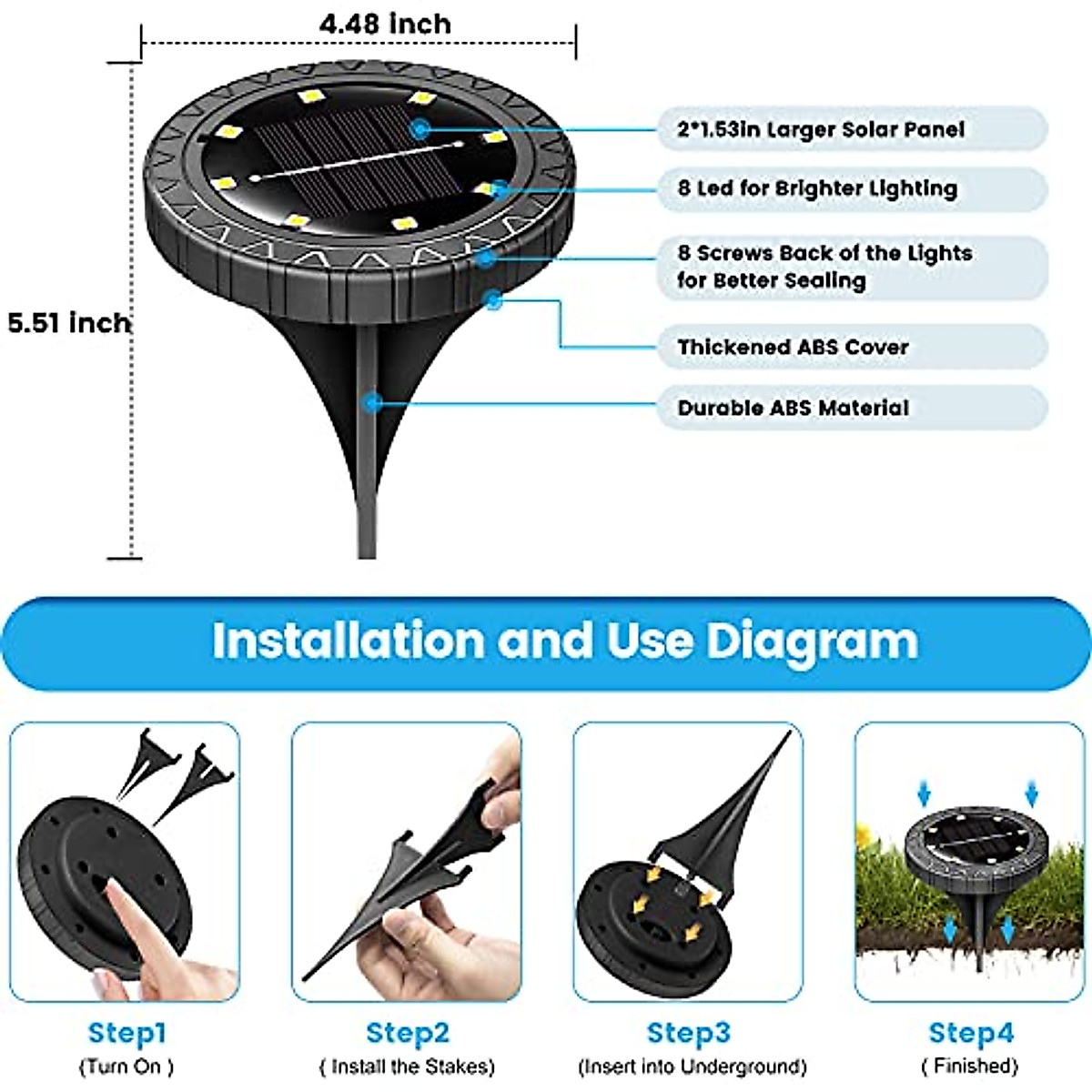 dikesitu Solar Ground Lights 2 Pack,IP68 Waterproof Solar Pathway Lights, 8 LED Solar Disk Lights Outdoor Decorative, Solar Landscape Lighting for Yard Walkway Driveway Lawn Path Garden(Warm White)