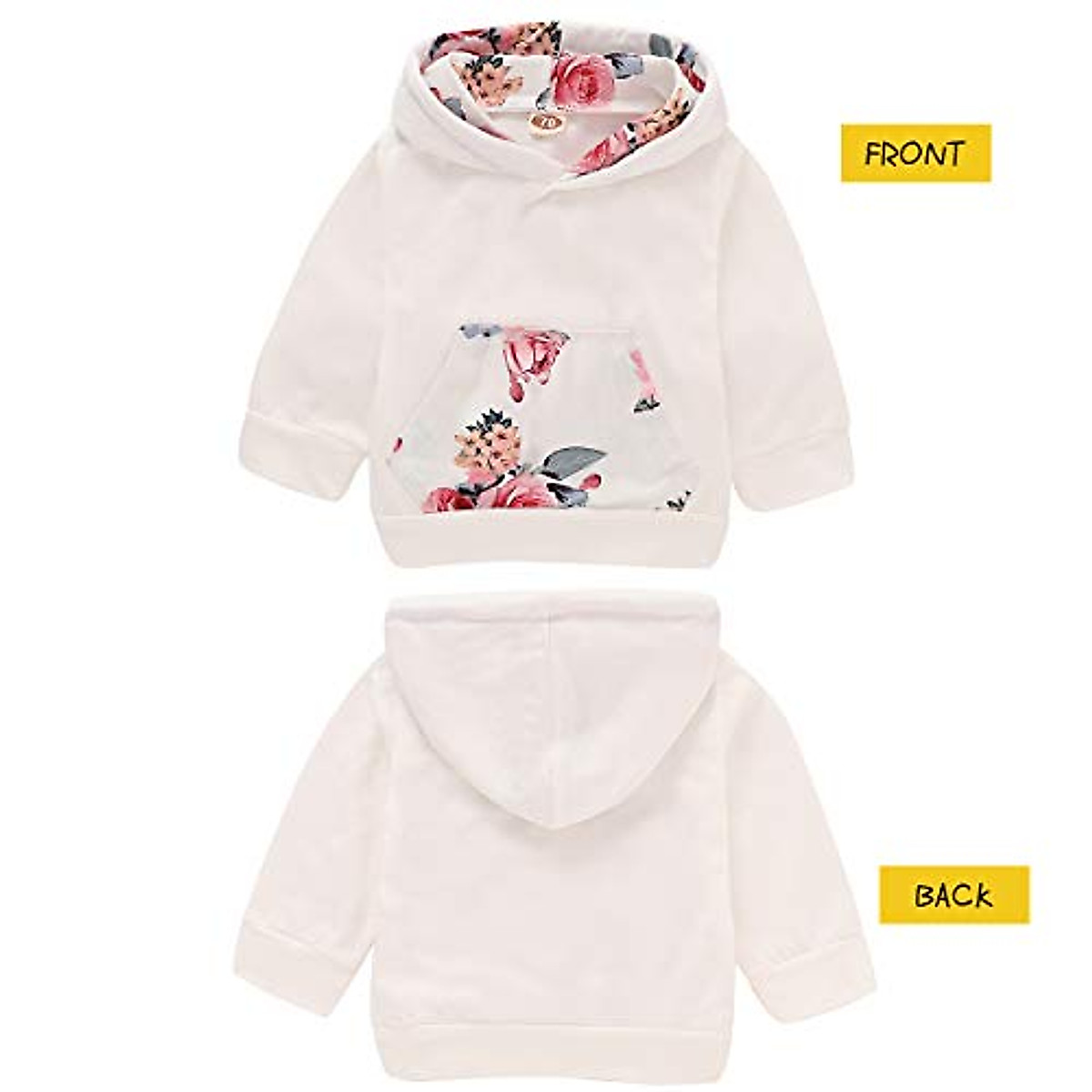 3Pcs Infant Toddler Baby Girl Clothes Long Sleeve Hoodie with Pocket Tops Floral Pants Outfits Set with Headband White