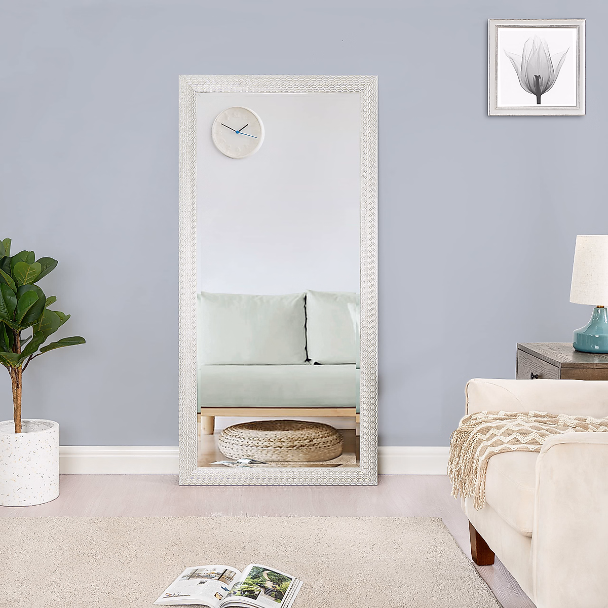 Naomi Home Samantha Woven Floor Mirror Full Length Mirror Standing Large Rectangle Full Body Long Mirrors for Bedroom Dressing Room Silver 66 L x 32 W