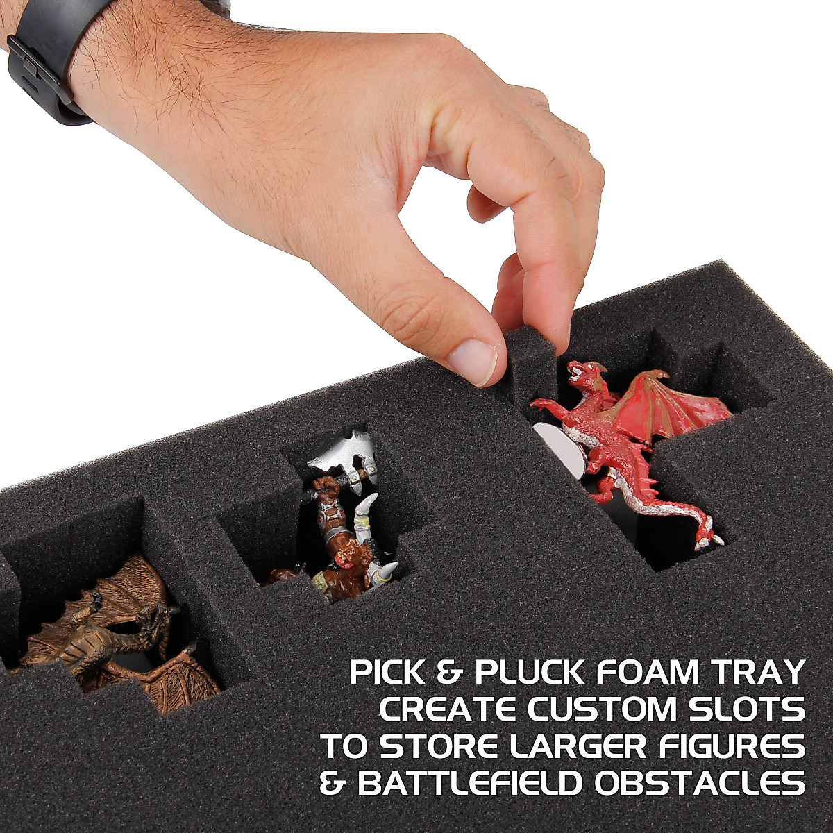 ENHANCE Portable Miniature Figure Storage & Carrying Case - 4 Foam Layers fits 108 Infantry Minis & Pick & Pluck for Large Figures - Book Sleeve & 2 Accessory Pockets for Measuring Tape, Dice & More