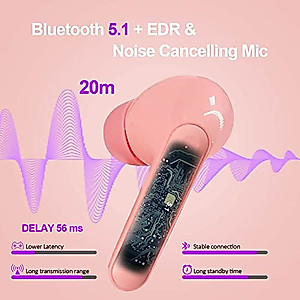 Conchpeople True Wireless Earbuds Bluetooth 5.1 Wireless Headphones with Microphone, IPX7 Waterproof, Charging Case LED Power Display, Deep Bass Crystal-Clear Calls Headset for Sports and Work (Pink)