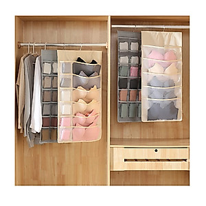 ZHONGLI Hanging mesh Pockets, Oxford Cloth Double-Sided Wardrobe Storage Bags, Used for Underwear, Bras, Socks, Accessories with Hangers (Beige（5+10）)