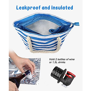 Famolay Beach Wine Tote Bag, Wine Cooler Bag Leakproof Insulated Purse Carrier with Spout Hidden Compartments, Holds 2 bottles of Wine for Travel, BYOB Restaurant, Party, Dinner