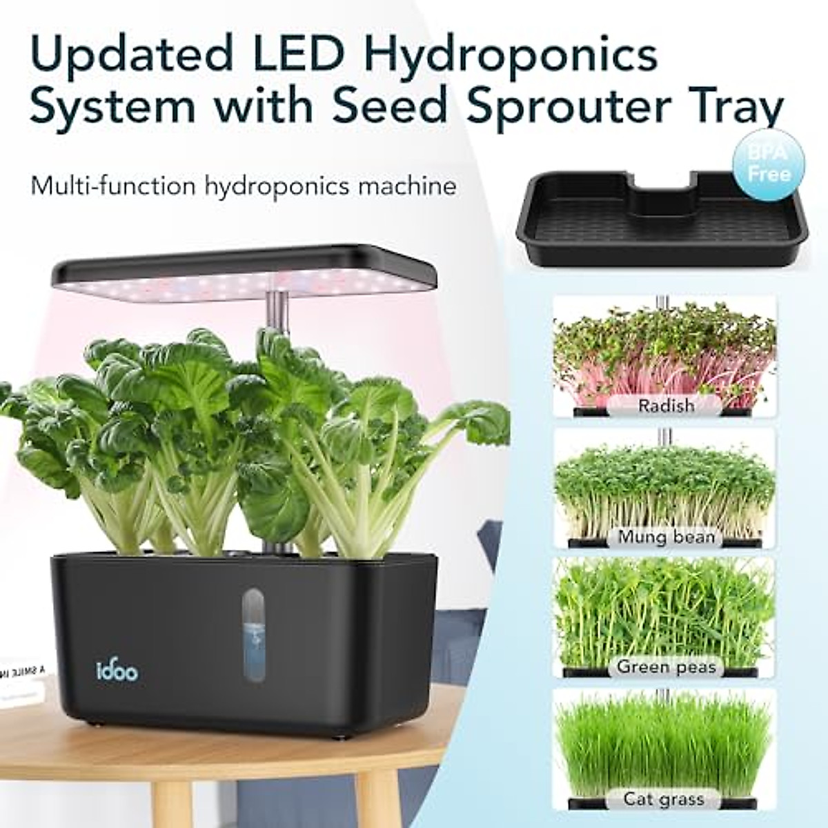 iDOO Hydroponics Growing System, 5-Pod Mini Indoor Herb Garden with Sprouter Tray, Sprouts Growing Kit for Cat Grass, LED Grow Light, Auto-Timer, Pump, Plant Germination Kit, Hydrophonic Planter Gift