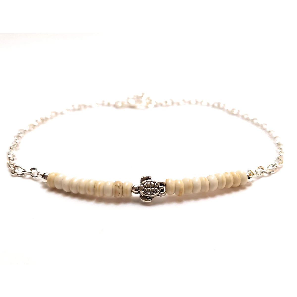 10 Inch Turtle Charm Ankle Bracelet With White Turquoise Beads Gift Boxed Anklet