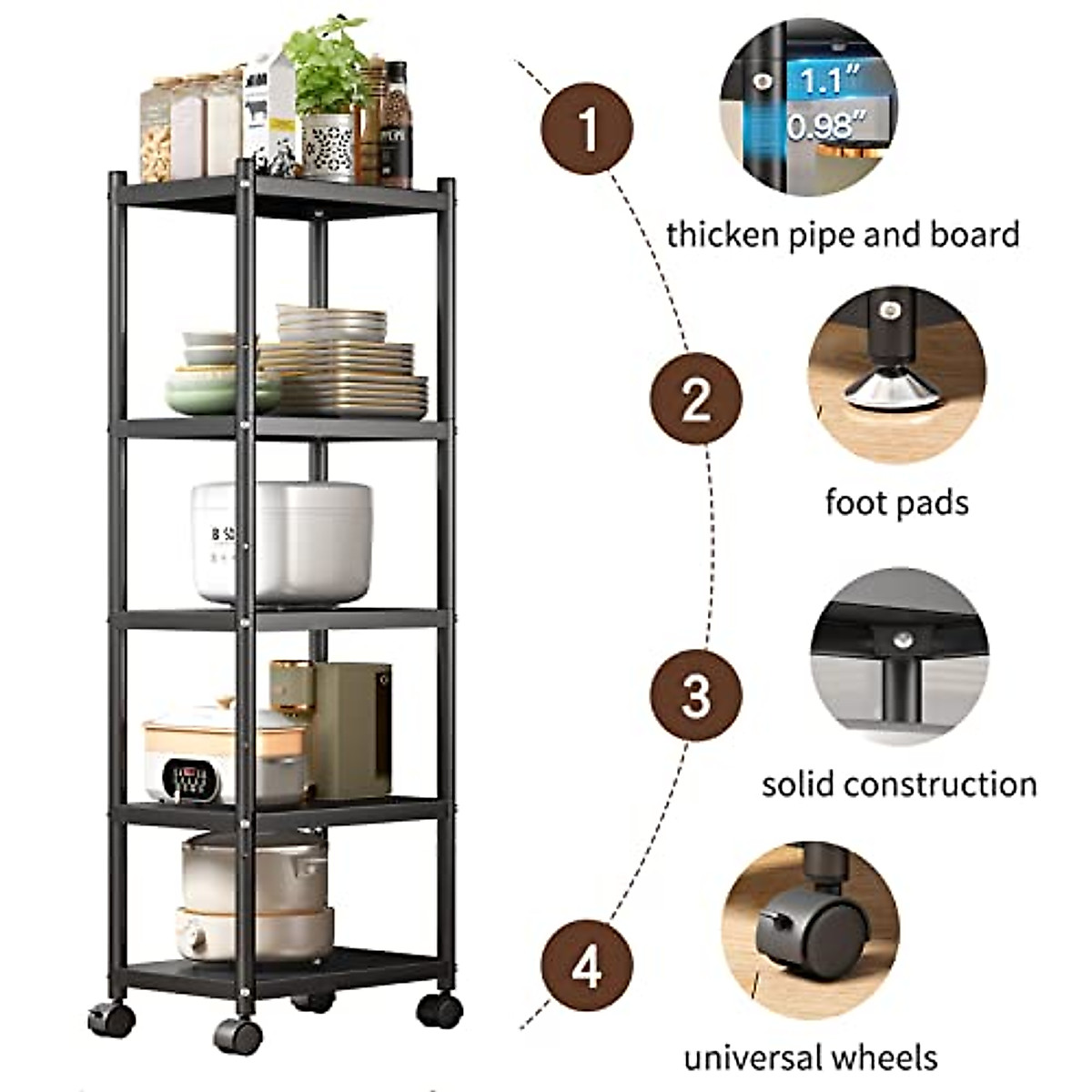 PXRACK 5 Tie Storage Shelves, Metal Heavy Duty Shelf for Storage with Wheels Adjustable Shelving Storage for Garage Bathroom Kitchen, Narrow Storage Racks Organizer Corner Shelf 12.2”*16.73”*59.45”