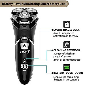 MAX-T Men's Electric Shaver - Corded and Cordless Rechargeable 3D Rotary Shaver Razor for Men with Pop-up Sideburn Trimmer Wet and Dry Painless 100-240V Black