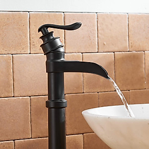 Matte Black Vessel Sink Faucet Waterfall with Pop Up Drain Assembly and Single-Handle Hole Supply Hose Lead-Free Vanity Lavatory Bathroom Faucet Mixer Tap