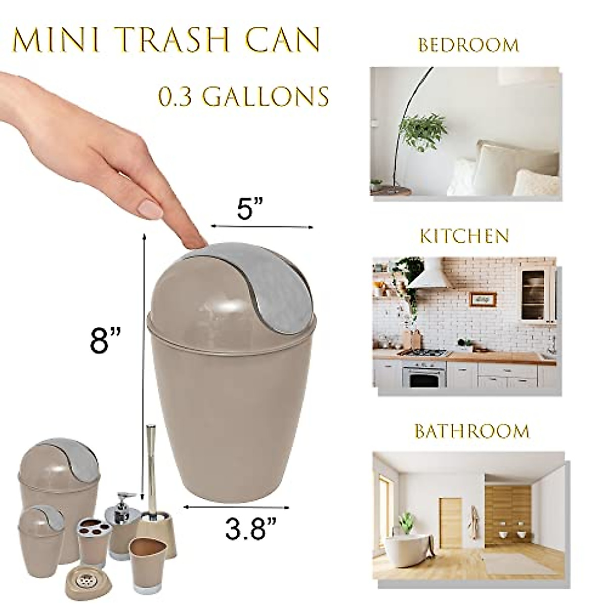 Evideco French Home Goods Taupe Mini Trash Can for Countertop 0.5 Liter -0.3 Gal Chrome Lid