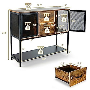 QZWCQ Buffet Storage Cabinet, 39" Kitchen Sideboard with Open Shelf, Industrial Buffet Sideboard Kitchen Cupboard with Metal Mesh Doors & 2 Drawers for Kitchen Hallway Entry Living Room Dining Room